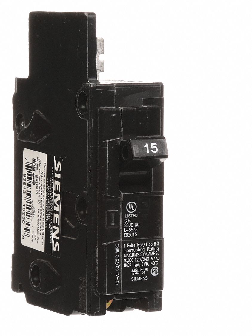 SIEMENS Miniature Circuit Breaker: 15 A Amps, 120V AC, Single Phase, 10kA at 120V AC, 1 Poles ...