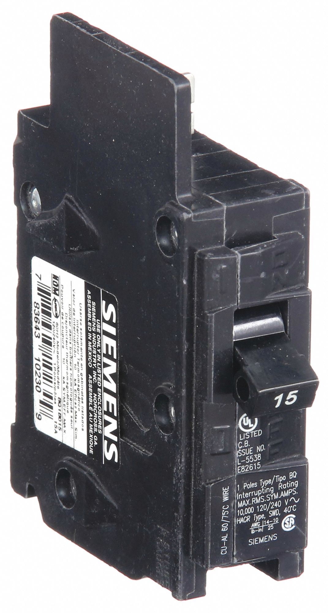 15 A Amps, 120V AC, Miniature Circuit Breaker - 3HZT2|BQ1B015 - Grainger