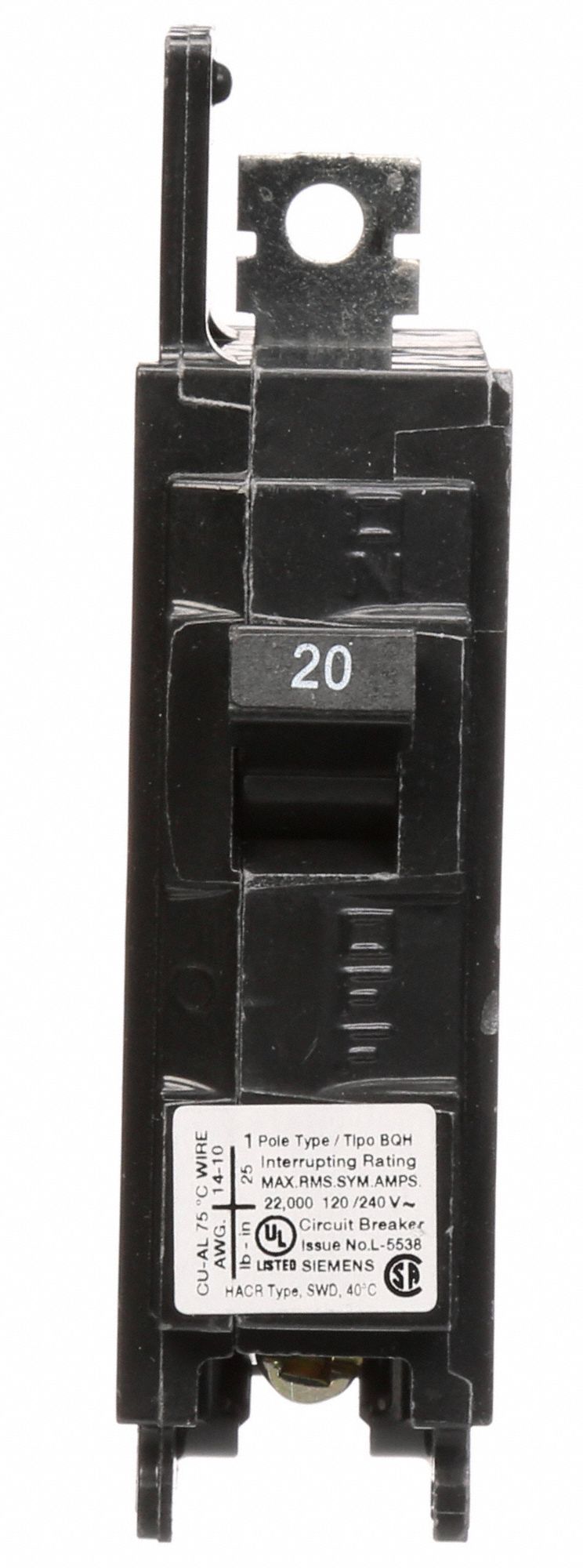 SIEMENS Miniature Circuit Breaker: 20 A Amps, 120V AC, Single Phase, 22kA at 120V AC, 1 Poles ...
