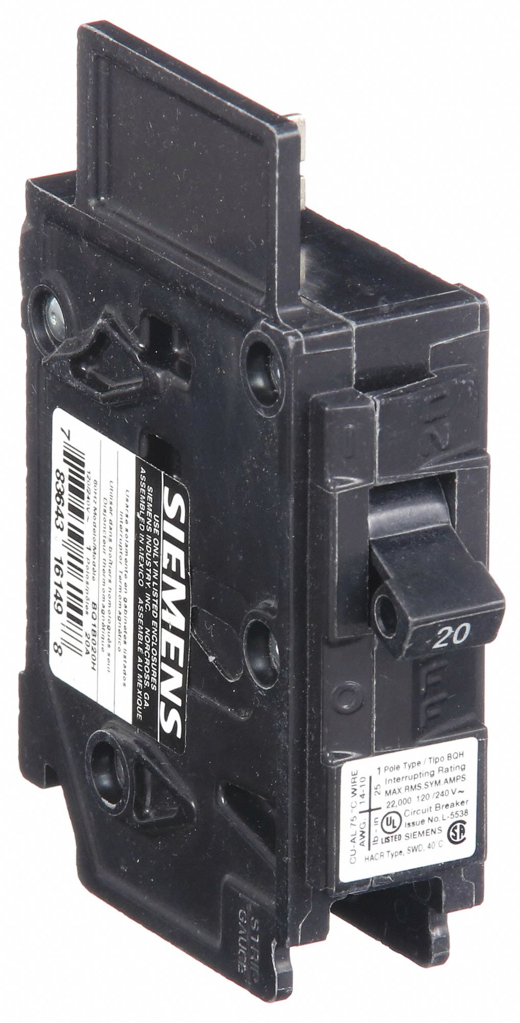 20 A Amps, 120V AC, Miniature Circuit Breaker - 3HZW4|BQ1B020H - Grainger