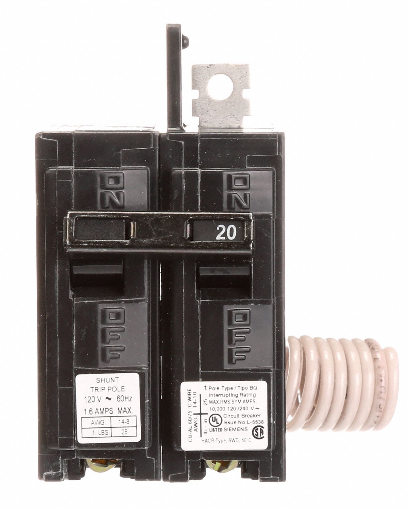 SIEMENS Miniature Circuit Breaker: 20 A Amps, 120V AC, Single Phase, 10kA at 120V AC, 1 Poles ...