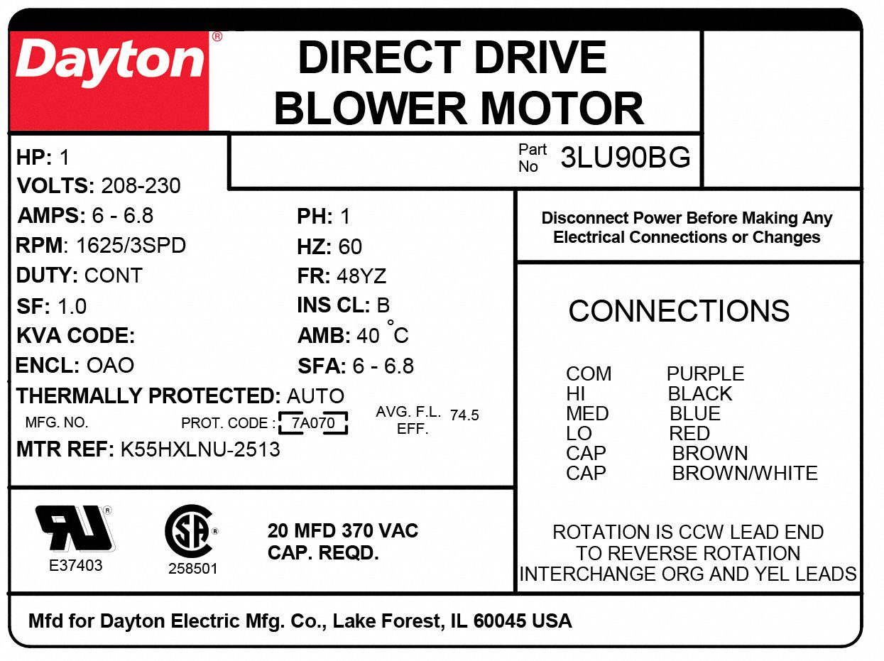 DAYTON Direct Drive Blower Motor: 3 Speed, Open Air-Over, Ring/Stud ...