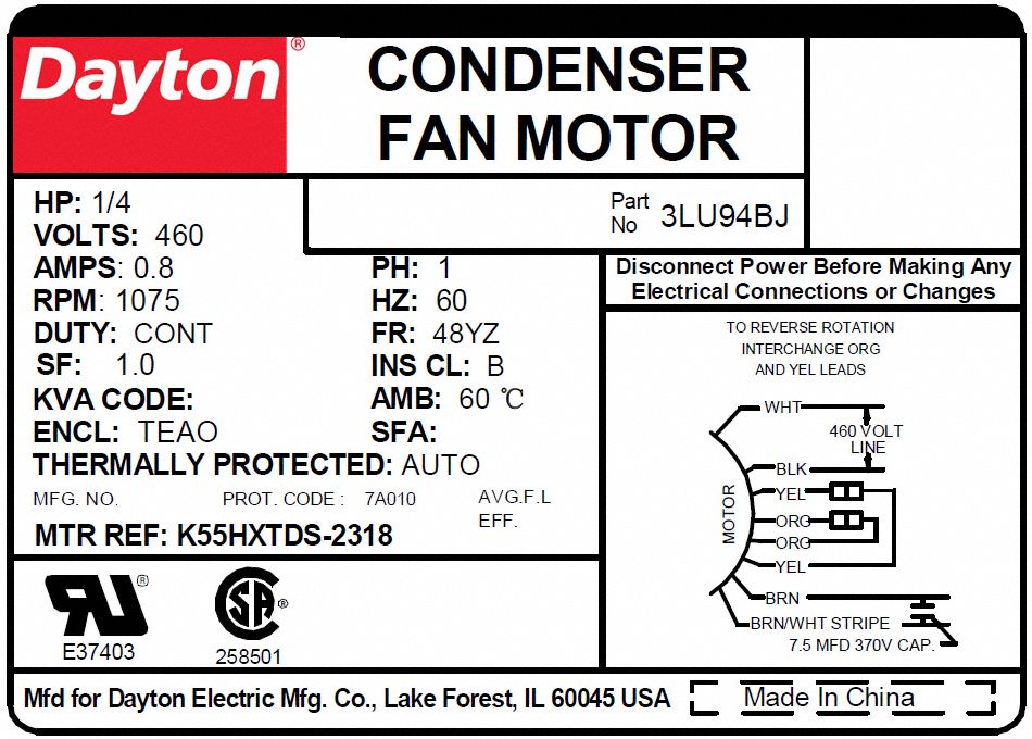 DAYTON Condenser Fan Motor: Stud Mount, Totally Enclosed Air-Over, 1/4 ...