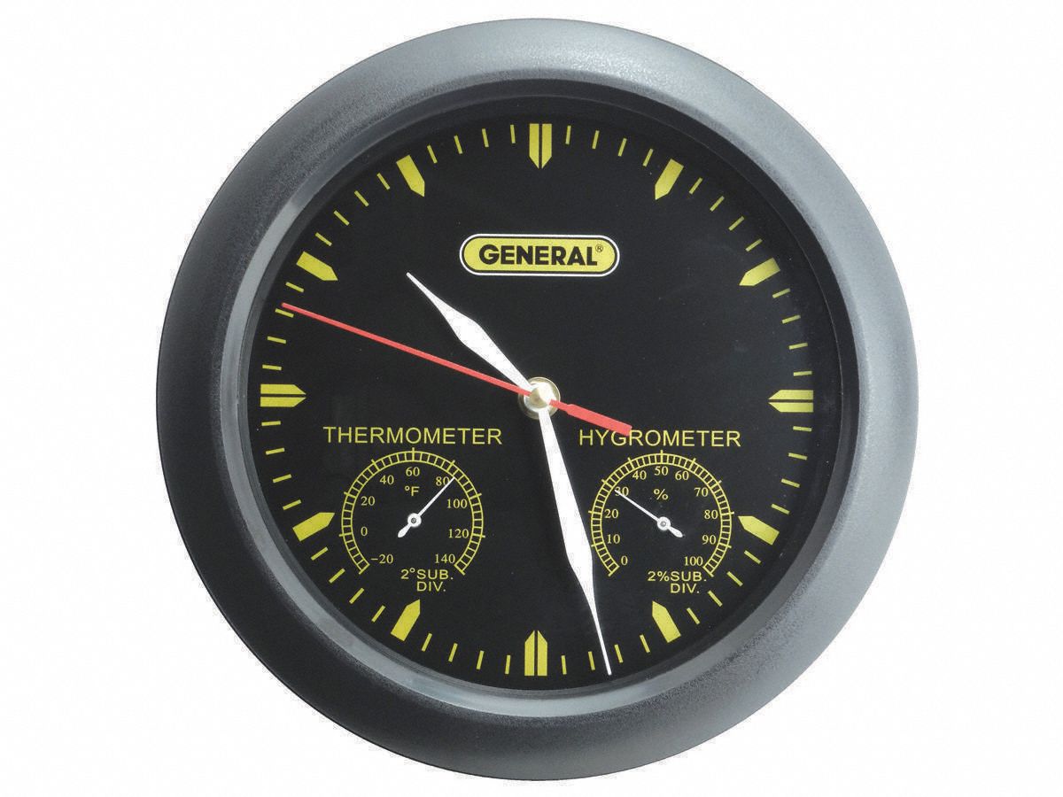GENERAL Analog Hygrometer with Clock: Indoor, -20° to 140°F, 0% to 100% ...