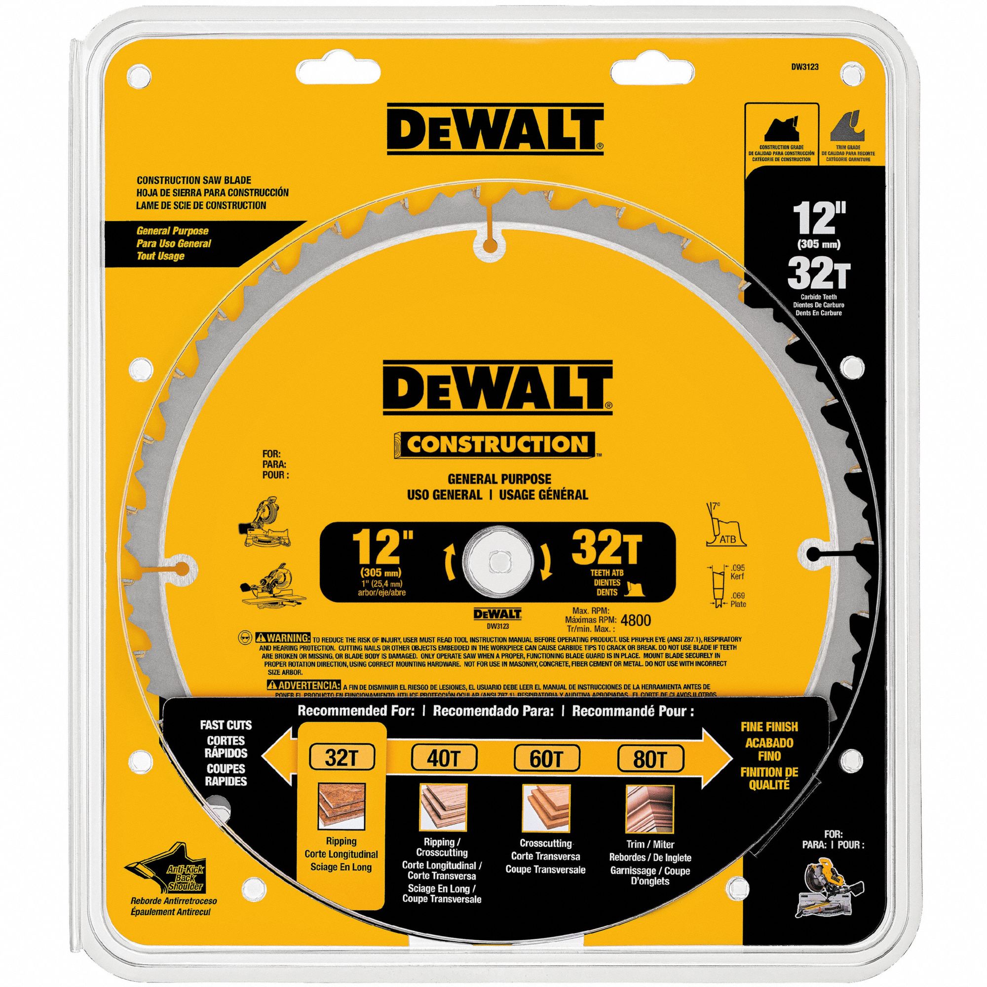 DEWALT Circular Saw Blade: 12 in Blade Dia., 32 Teeth, 0.095 in Cut Wd ...