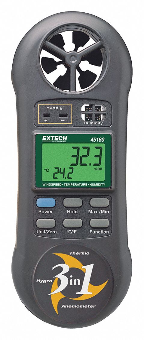 Anemometer, Rotating Vane and Thermistor, No, Yes, 80 to 5910 Velocity ...