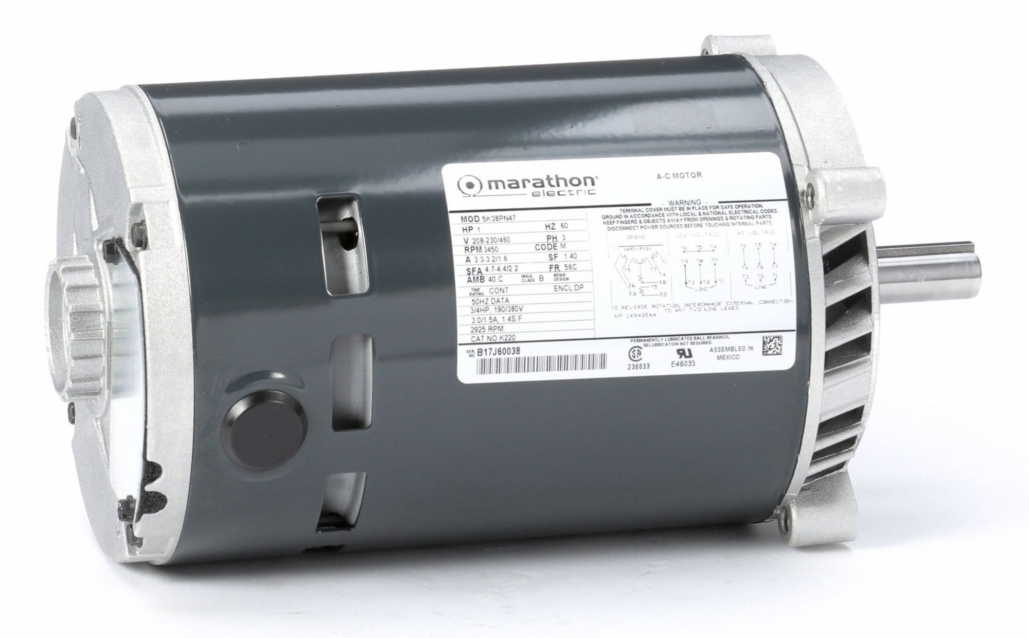 MARATHON MOTORS General Purpose Motor: Open Dripproof, Face Mount, 1 HP ...