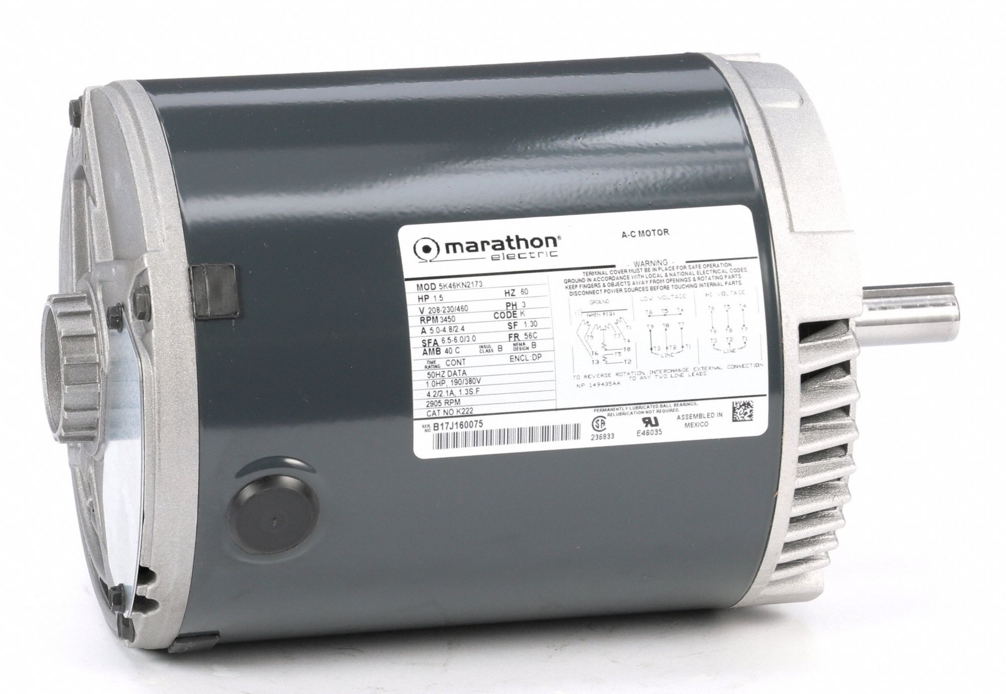 MARATHON MOTORS General Purpose Motor, 1 1/2 HP, 3-Phase, Nameplate RPM 3,450, Voltage 208-230 ...