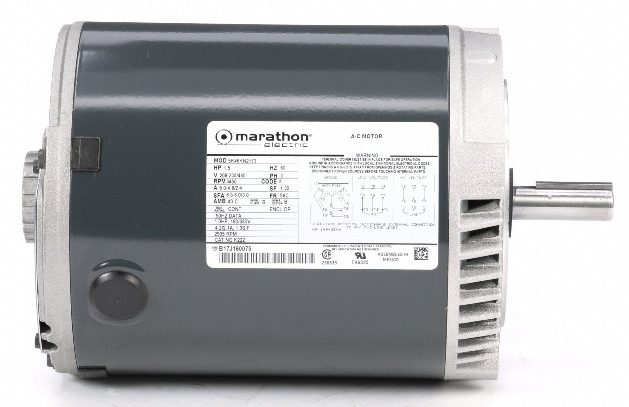 MARATHON MOTORS General Purpose Motor: Open Dripproof, Face Mount, 1 1/ ...