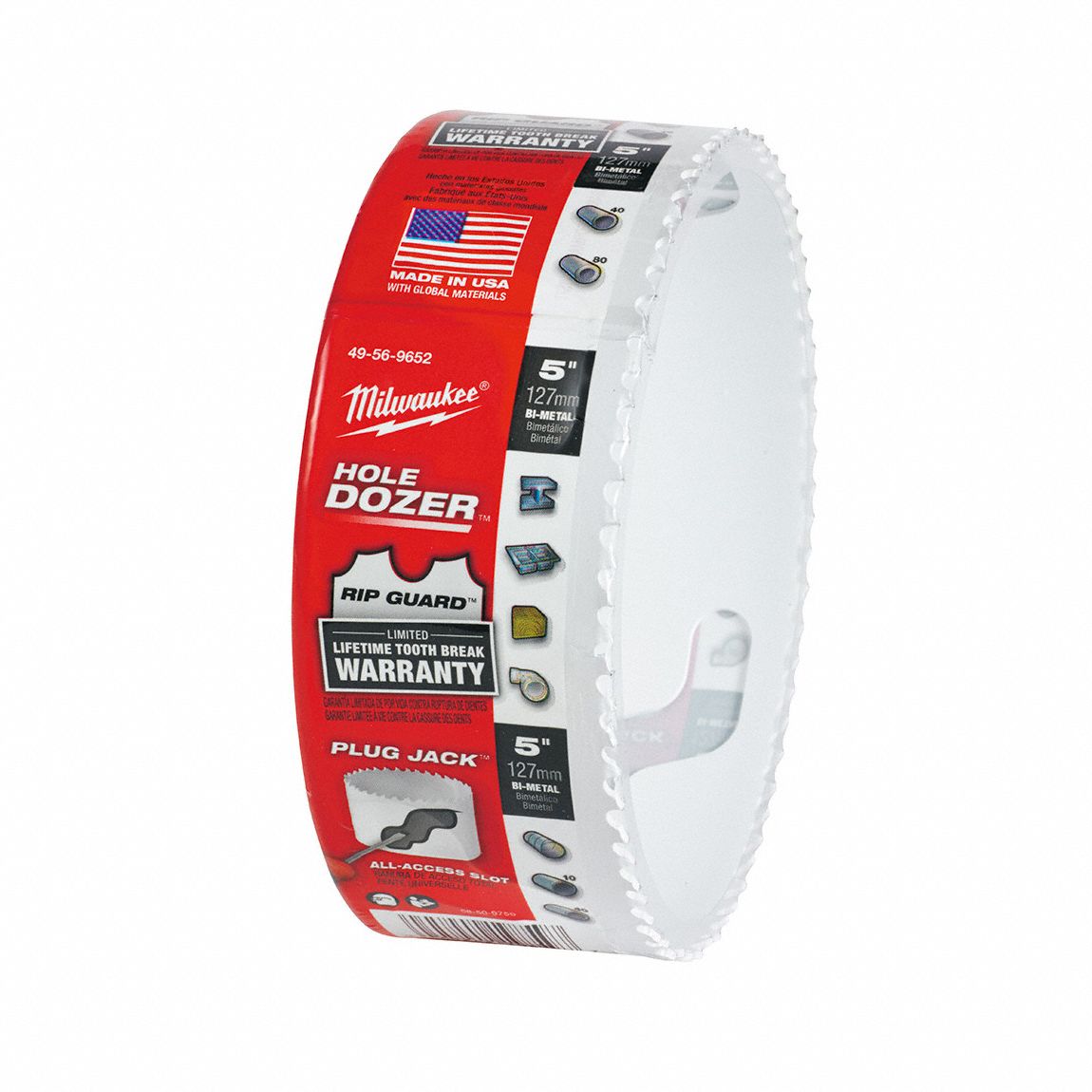 MILWAUKEE Hole Saw: 5 in Saw Dia., 3.5 Teeth per Inch, 1 5/8 in Max. Cutting Dp, 1/2"-20 Thread ...