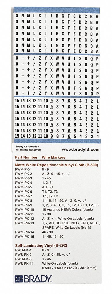 BRADY Wire Marker Book: 0 to 15/A-Z/- (Minus)/+ (Plus)// (Slash), Black ...