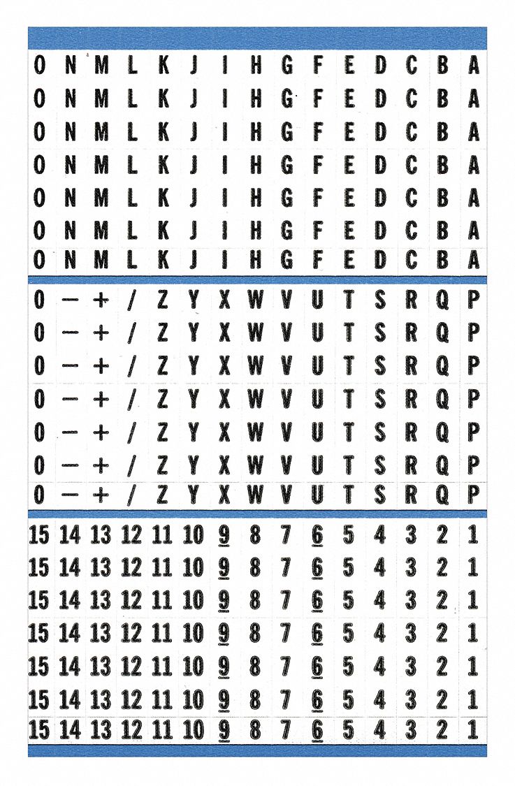 BRADY, 0 to 15/A-Z/- (Minus)/+ (Plus)// (Slash), Black on White, Wire ...