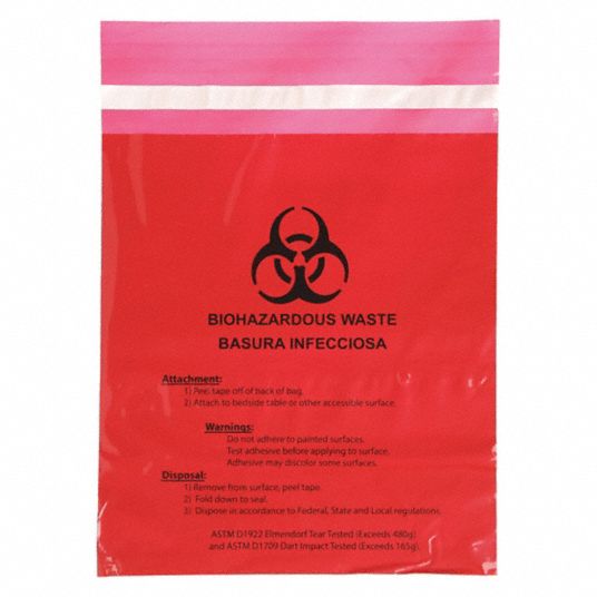 Biohazard Bags, 1/2 gal, Polyethylene, Red, Biohazard, PK 100 - Grainger