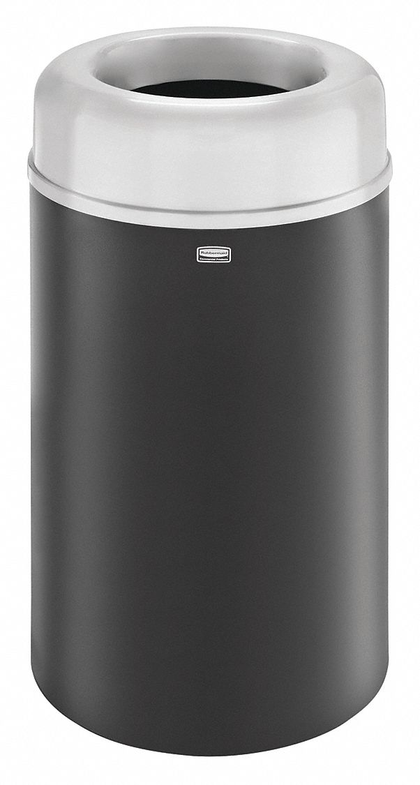 Trash Can, 30 gal, Stationary, Round, Metal, Black - Grainger