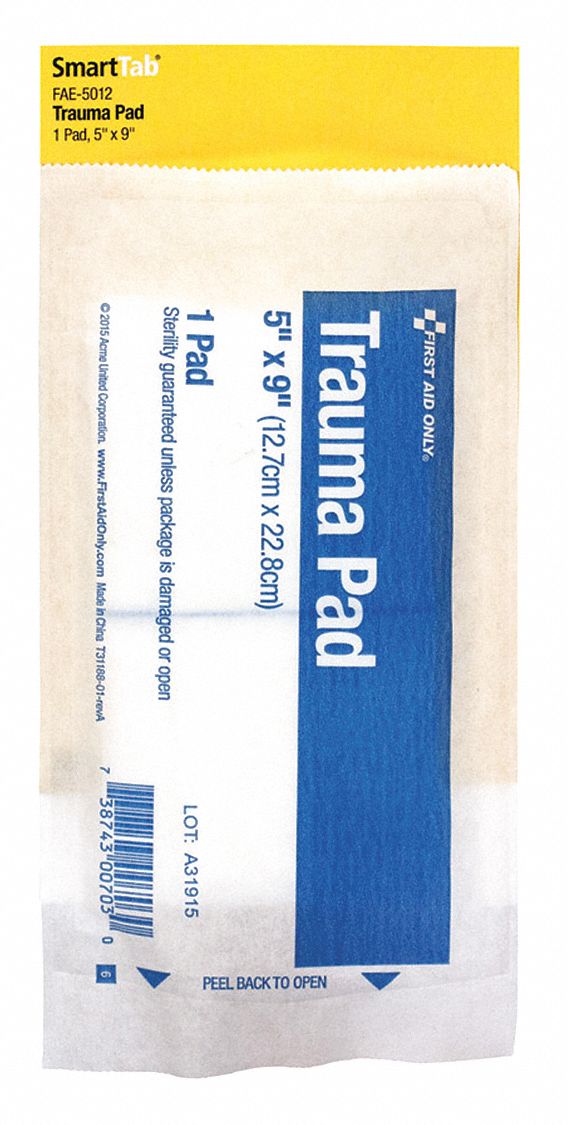 FIRST AID ONLY, 9 in Dressing Lg, 5 in Dressing Wd, Trauma Pad - 3WHU3 ...