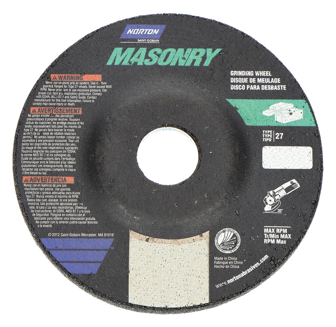 NORTON, Type 27, 4 1/2" x 1/4" x 7/8", Depressed Center Wheels - 3WM27 ...