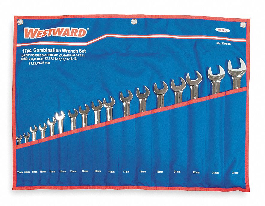 WESTWARD Combination Wrench Set: Alloy Steel, Chrome, 17 Tools, 7 mm to ...