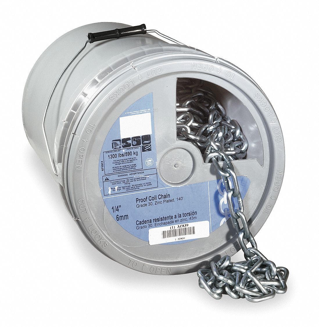 140 ft Grade 30 Straight Chain, 1/4 in Trade Size, 1300 lb Working Load ...