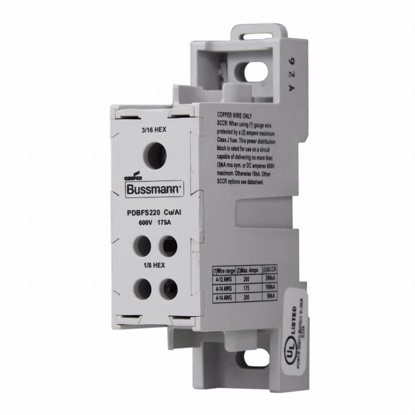 BUSSMANN Power Distribution Block: 1 Poles, DIN-Rail/Surface Mount - 3ZJA3|PDBFS220 - Grainger