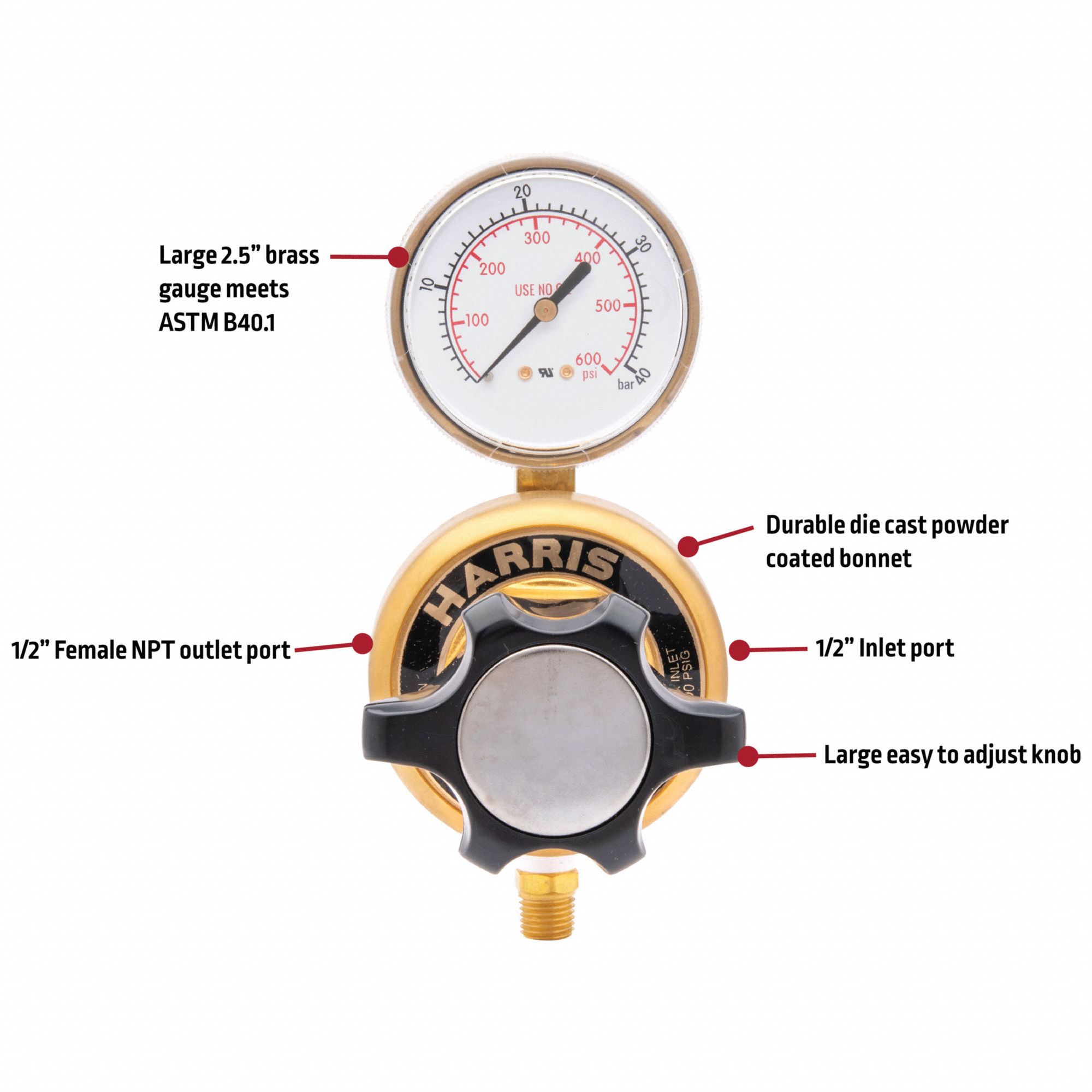 HARRIS High Purity Gas Regulator: Single Stage, 1/2 in NPT F Inlet, 1/2 ...
