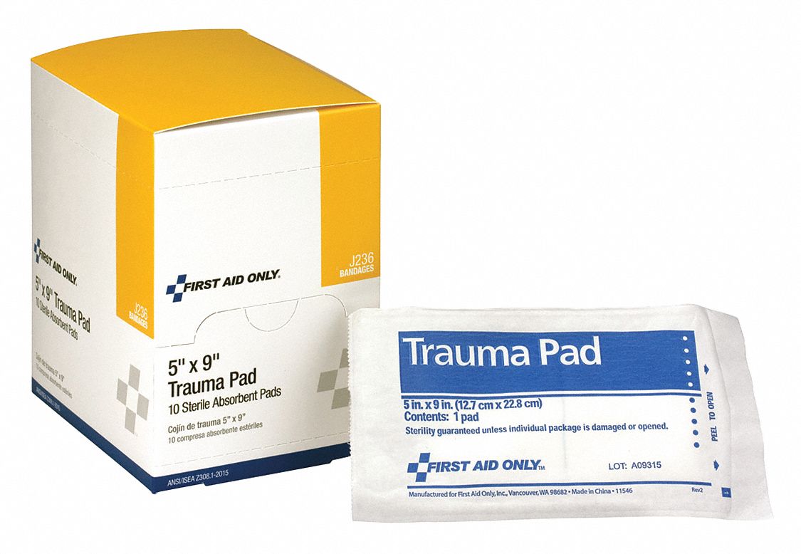 FIRST AID ONLY, 9 in Dressing Lg, 5 in Dressing Wd, Trauma Pad - 40JH99 ...