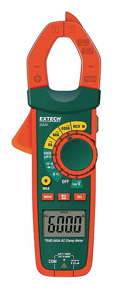 EXTECH, Clamp-Jaw Jaw, CAT II 1000V/CAT III 600V, Digital Clamp Meter ...