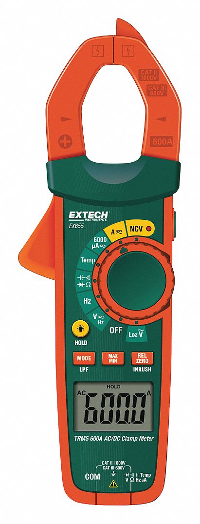 EXTECH, Clamp-Jaw Jaw, CAT II 1000V/CAT III 600V, Digital Clamp Meter ...