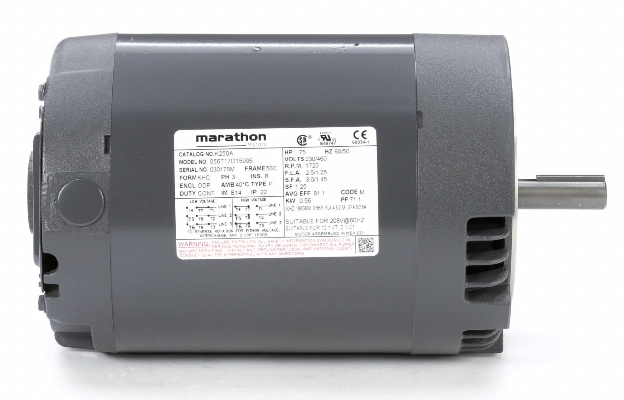 MARATHON MOTORS General Purpose Motor: Open Dripproof, Face Mount, 3/4 ...