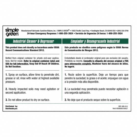 SIMPLE GREEN Secondary Bottle Label: 4 in Ht, 6 in Wd, 10 PK - 40TD96 ...