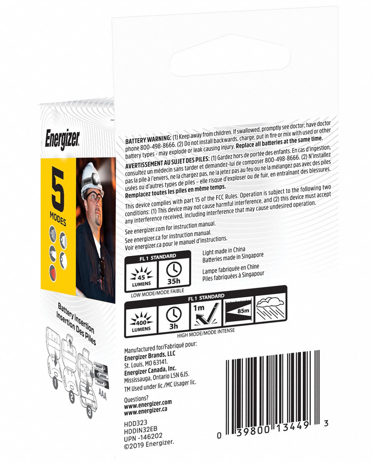 ENERGIZER Headlamp: 400 lm Max Brightness, 6 hr Max Run Time, 85 m Max ...