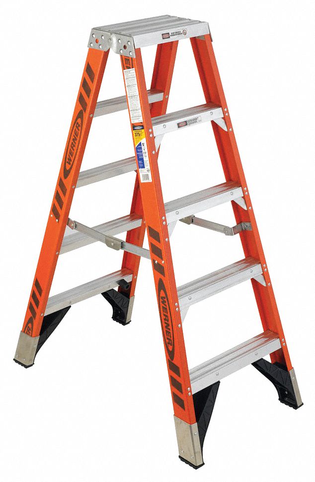WERNER, 5 ft Ladder Size, Fiberglass, Twin Stepladder - 41D242|T7405 ...