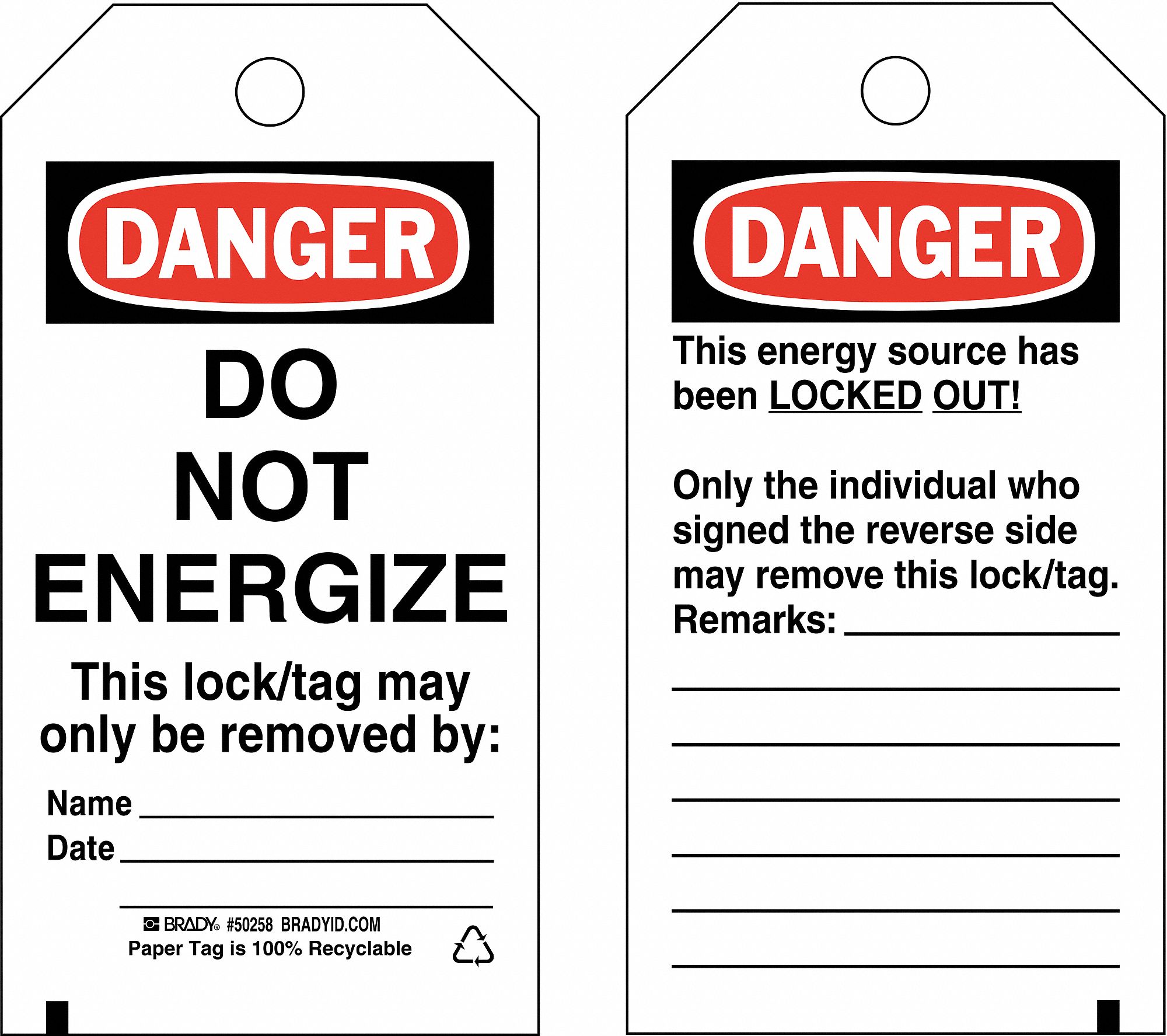BRADY LOCKOUT TAG, DANGER, DO NOT REMOVE TAG, POLYESTER, WRITE-ON ...