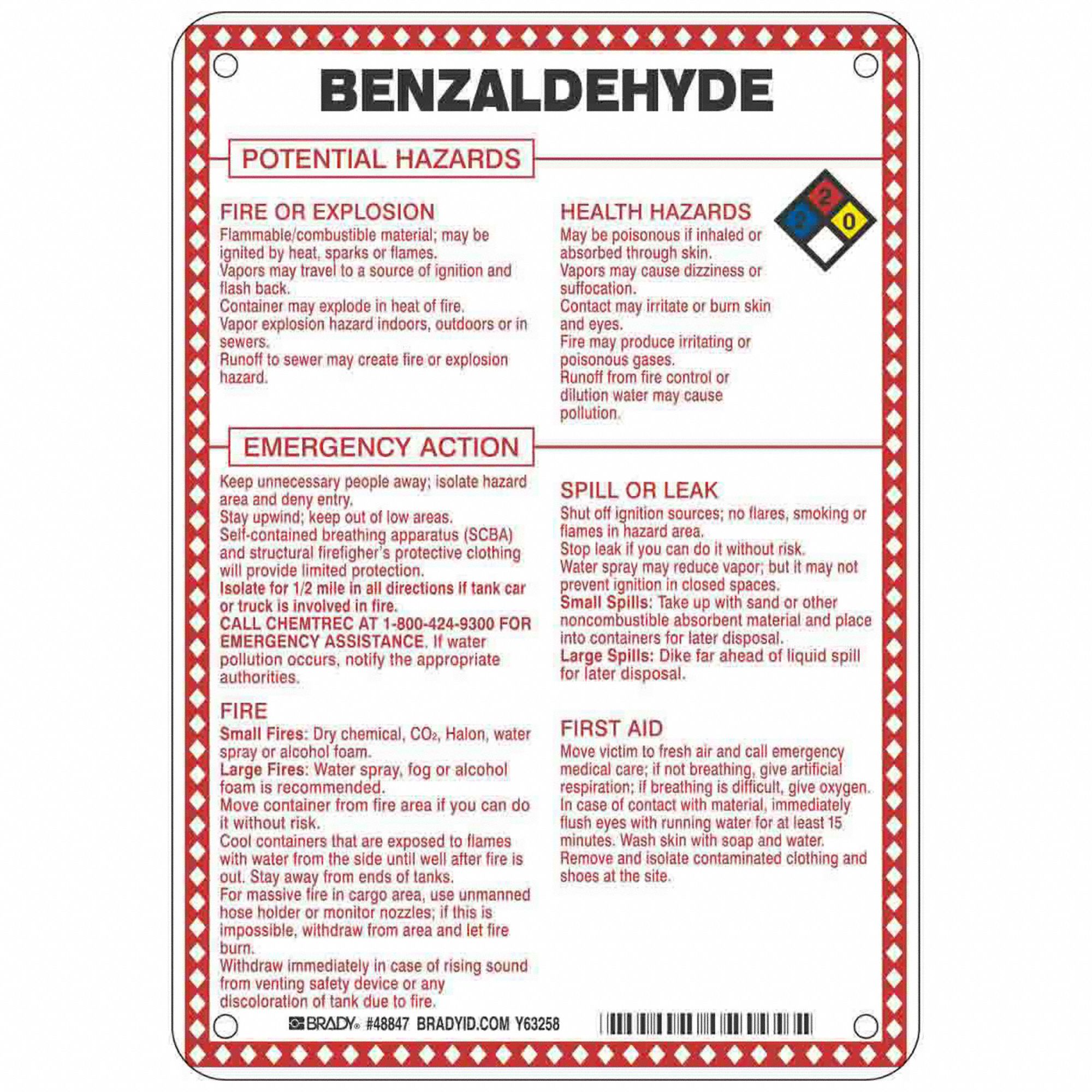 Benzaldehyde Potential Hazards, Fiberglass, Chemical Sign - 41F458 ...