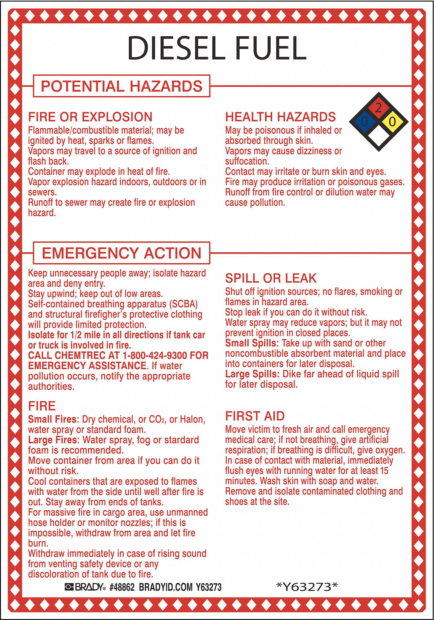 BRADY Chemical Sign: Diesel Fuel Potential Hazards, Fiberglass, 10 in ...