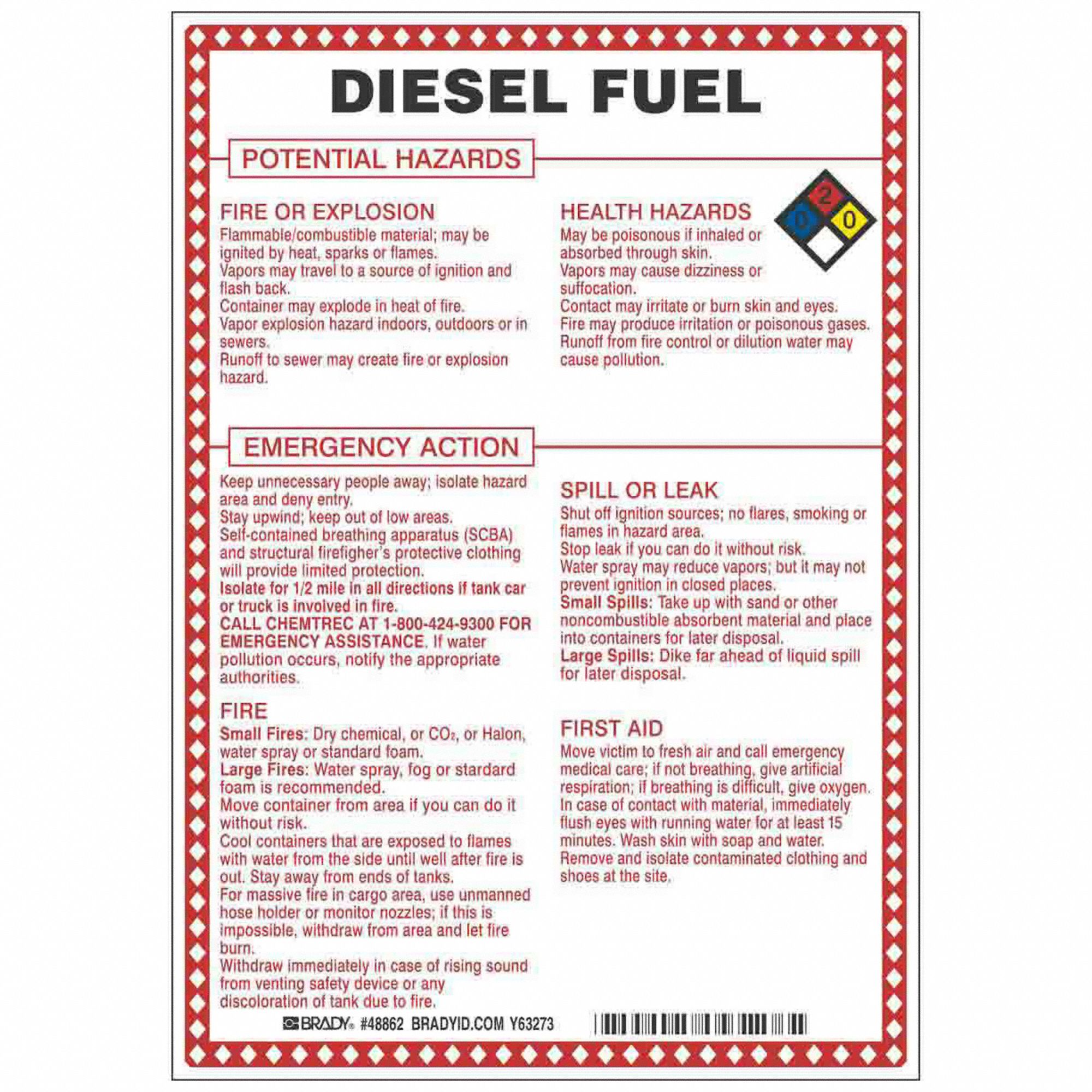 Diesel Fuel Potential Hazards, Fiberglass, Chemical Sign - 41F473|48862 ...