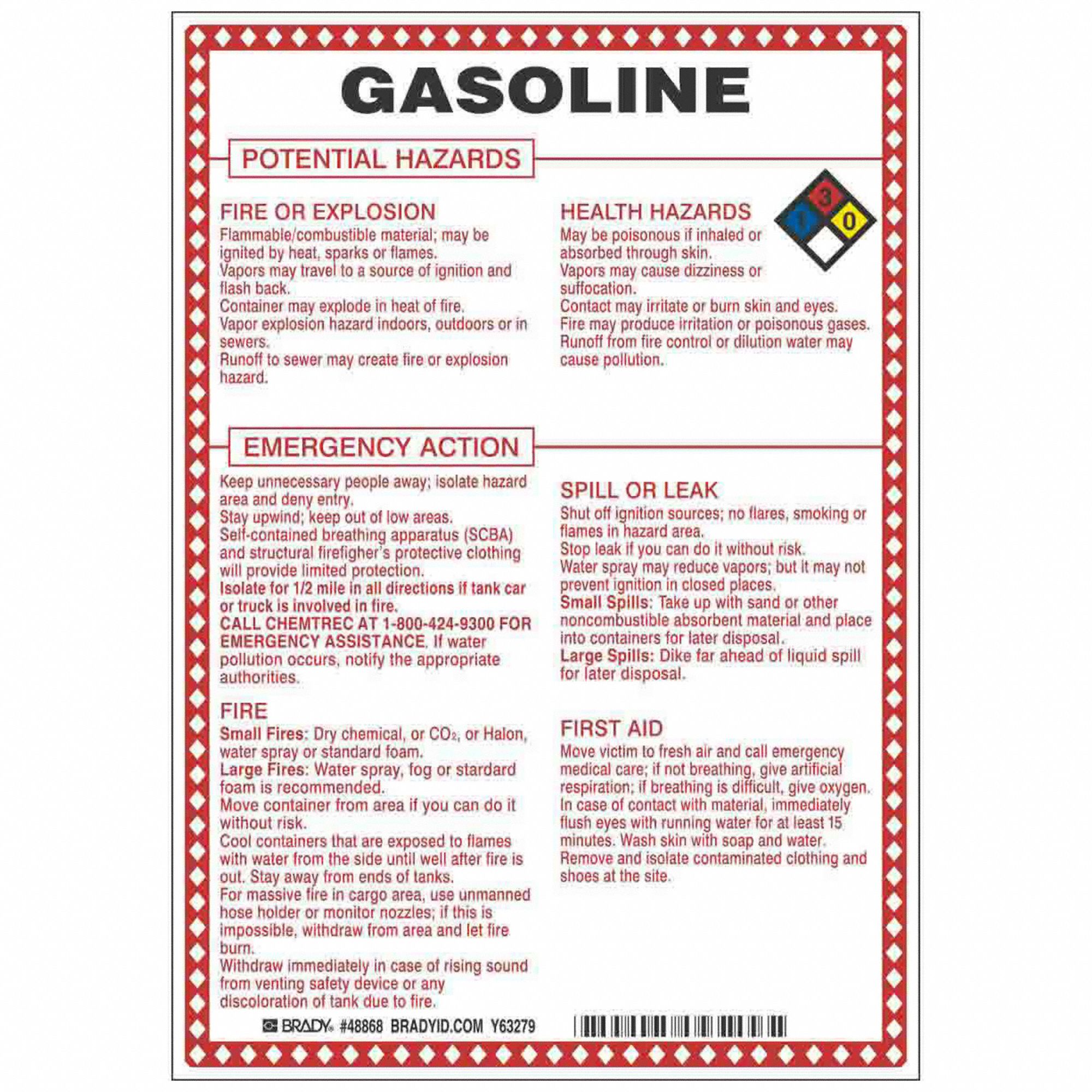 Gasoline Potential Hazards, Fiberglass, Chemical Sign - 41F479|48868 ...