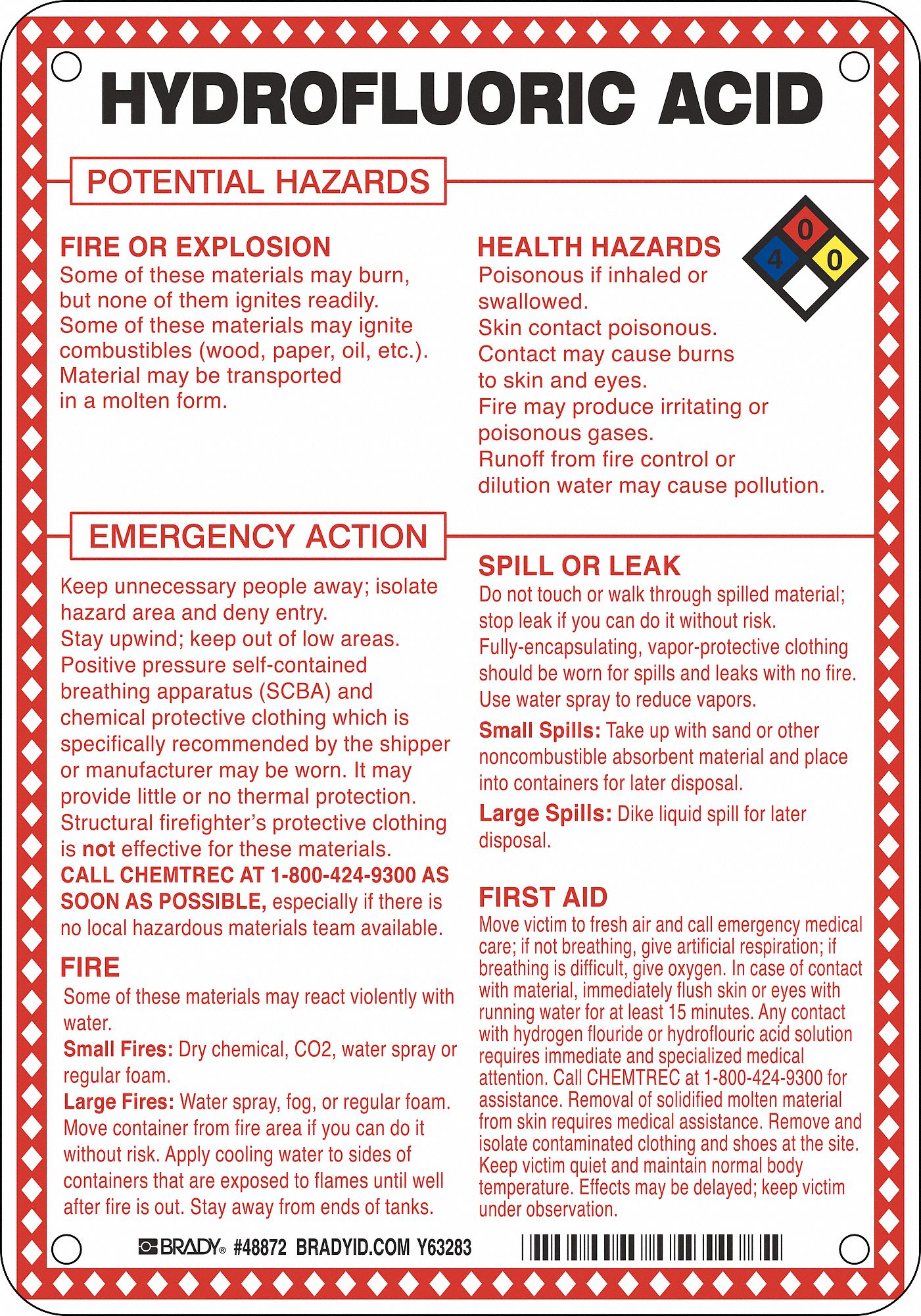 BRADY, Hydrofluoric Acid Potential Hazards, Fiberglass, Chemical Sign ...