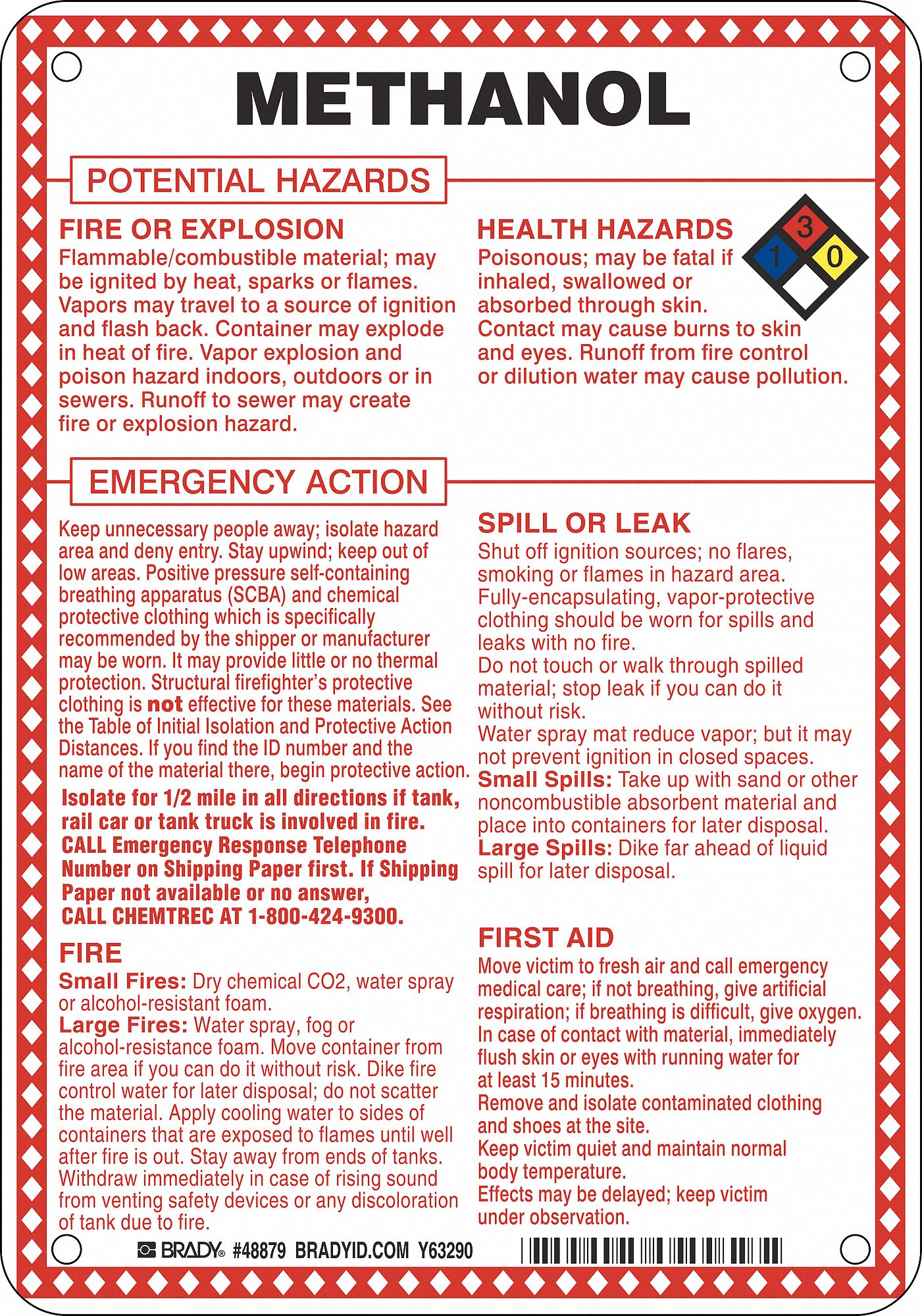 BRADY Chemical Sign: Methanol Potential Hazards, Fiberglass, 10 in Ht ...