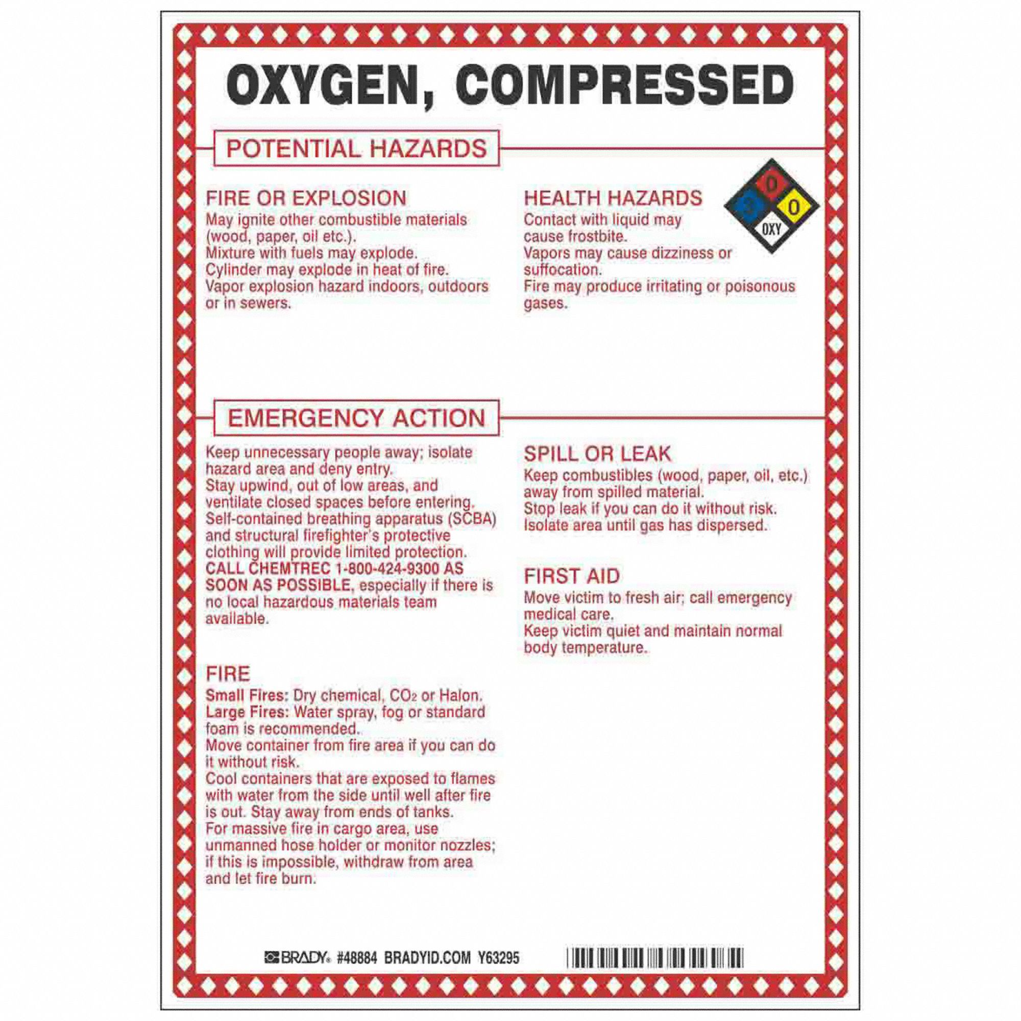 Compressed/Oxygen Potential Hazards, Fiberglass, Chemical Sign - 41F495 ...