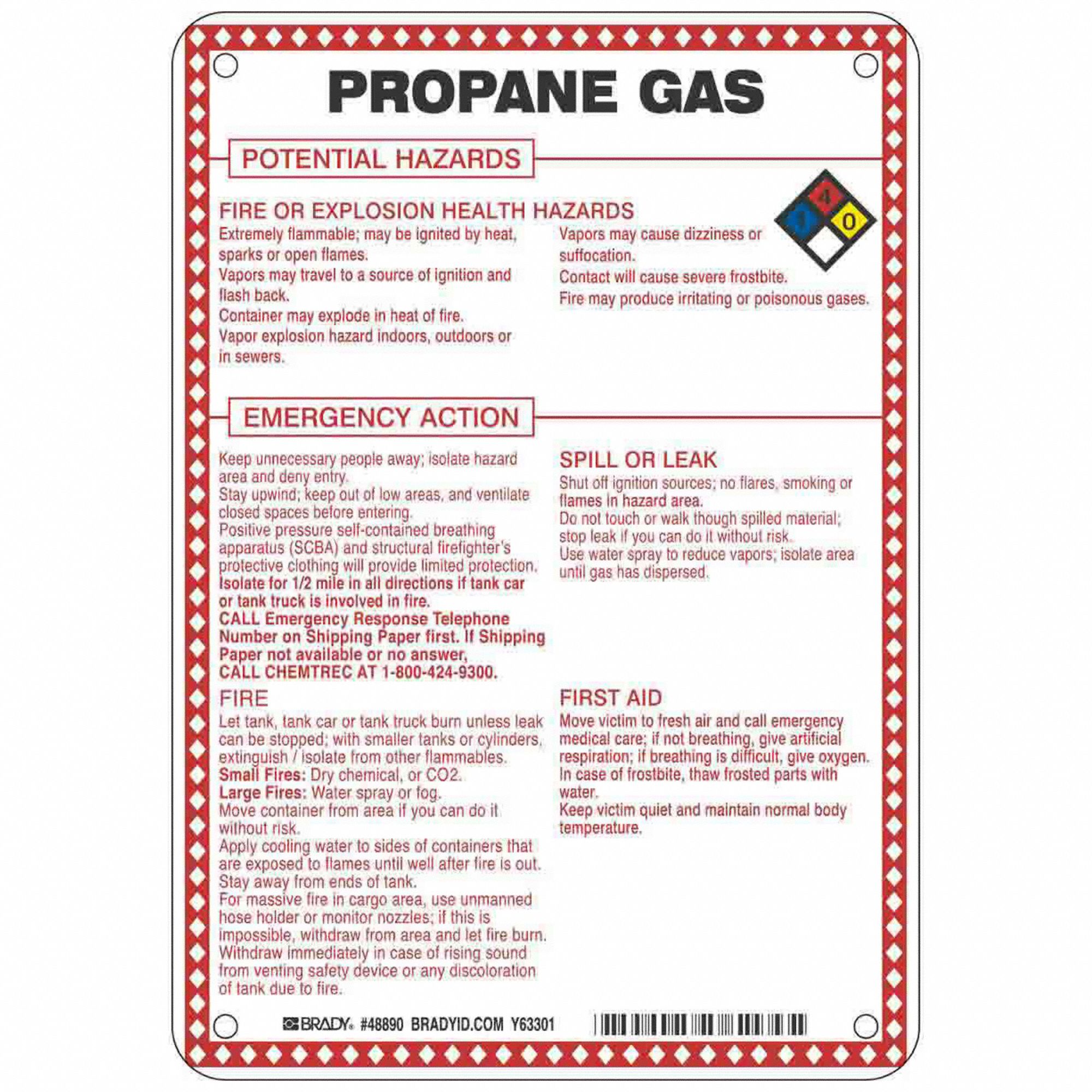 Propane Gas Potential Hazards, Fiberglass, Chemical Sign - 41F502|48890 ...