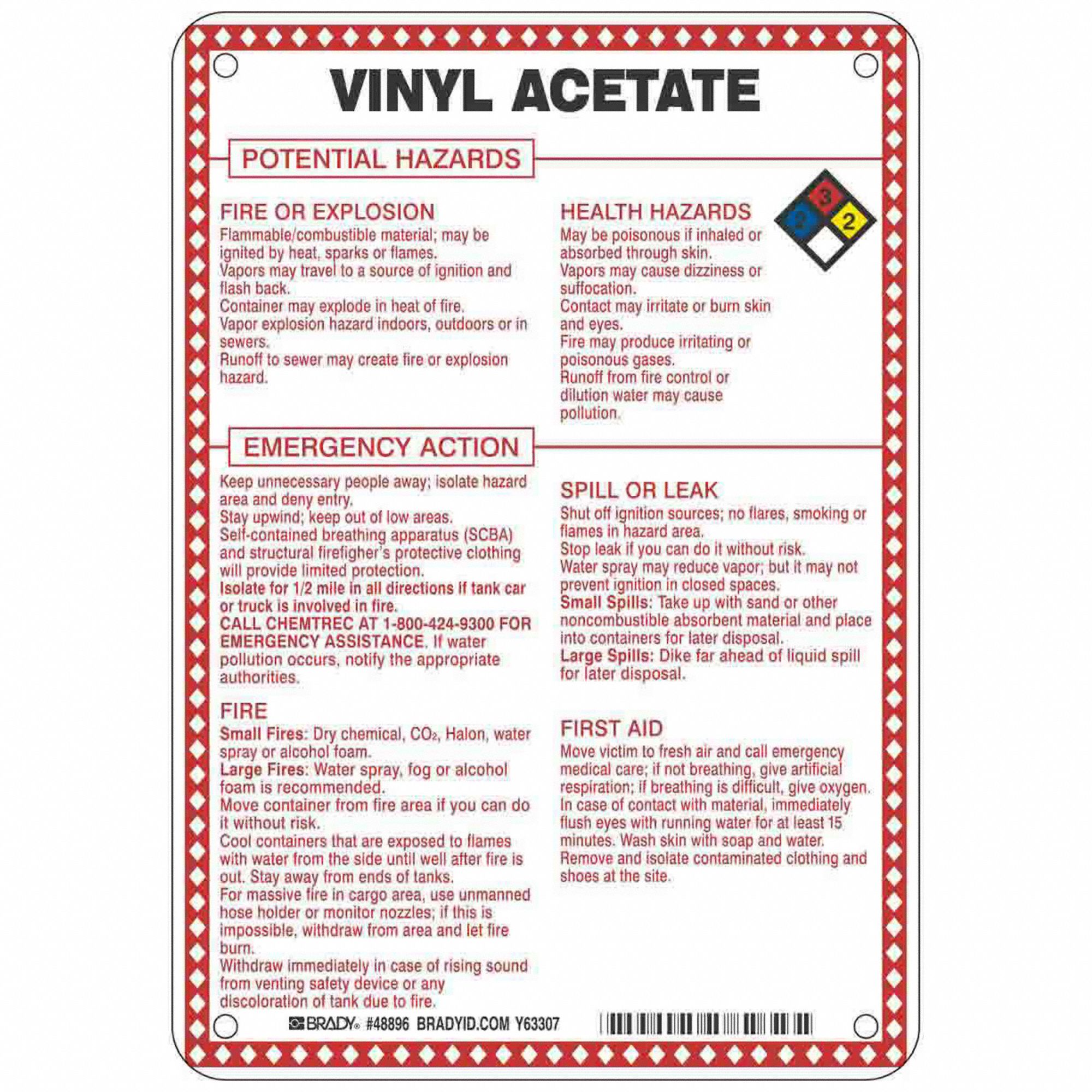 Vinyl Acetate Potential Hazards, Fiberglass, Chemical Sign - 41F508 ...