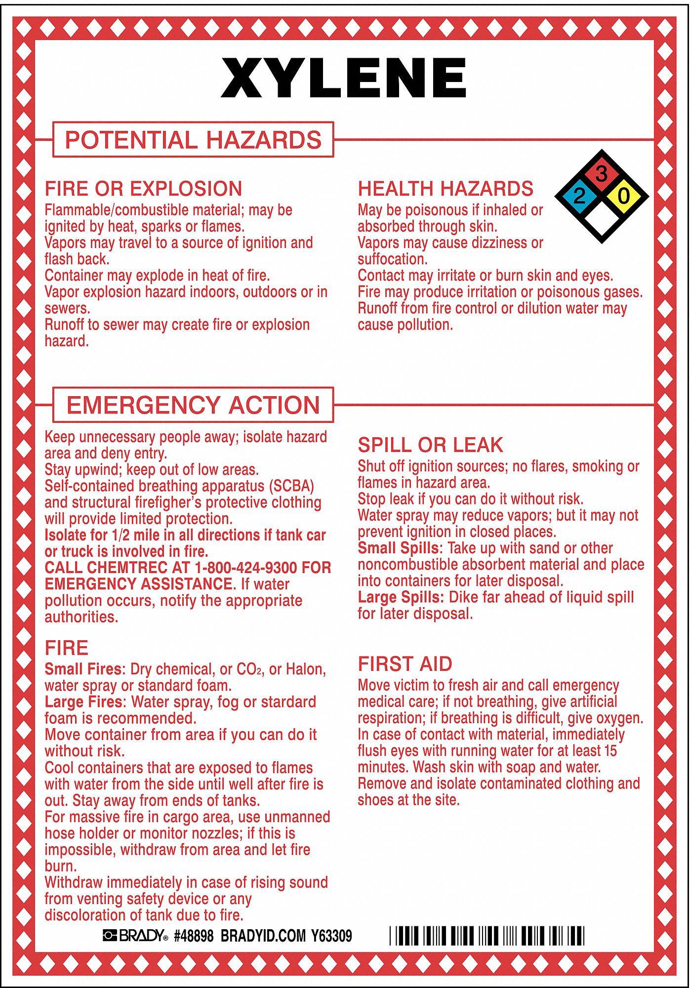 BRADY Chemical Sign: Xylene Potential Hazards, Fiberglass, 10 in Ht, 7 ...