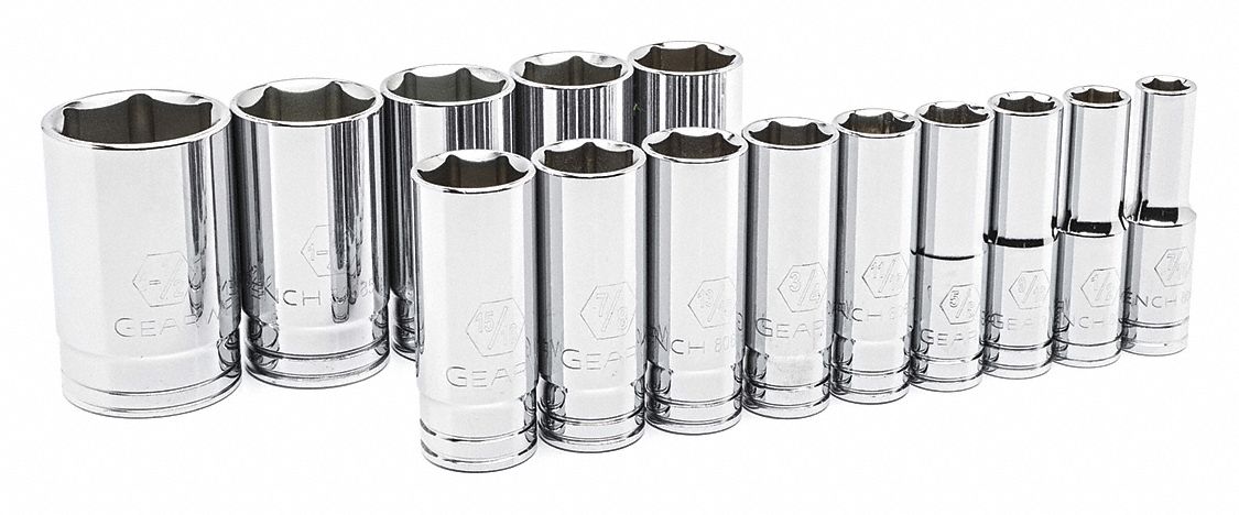 SAE Deep,6 Pt.,14 Pc,1/2in Dr,Socket Set - Grainger