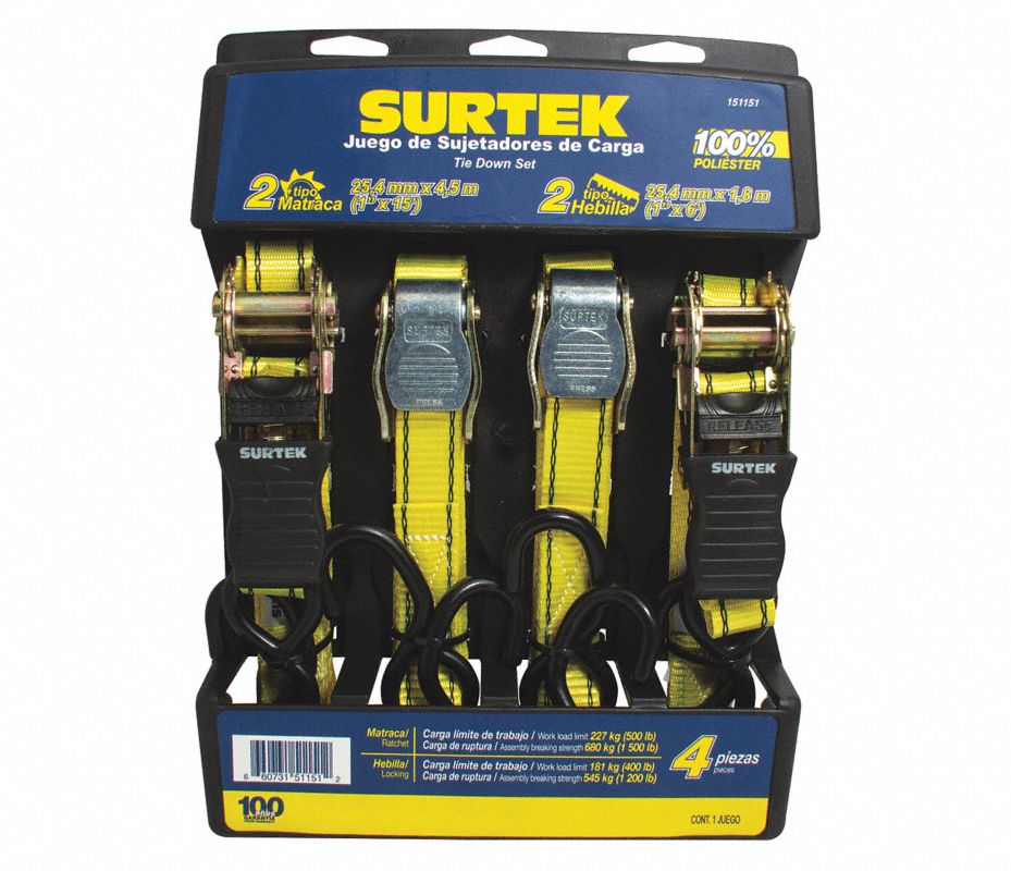 SURTEK Juego de Bandas de Amarre 4.5m y 1.8m x 1" Poliéster Amarillo ...