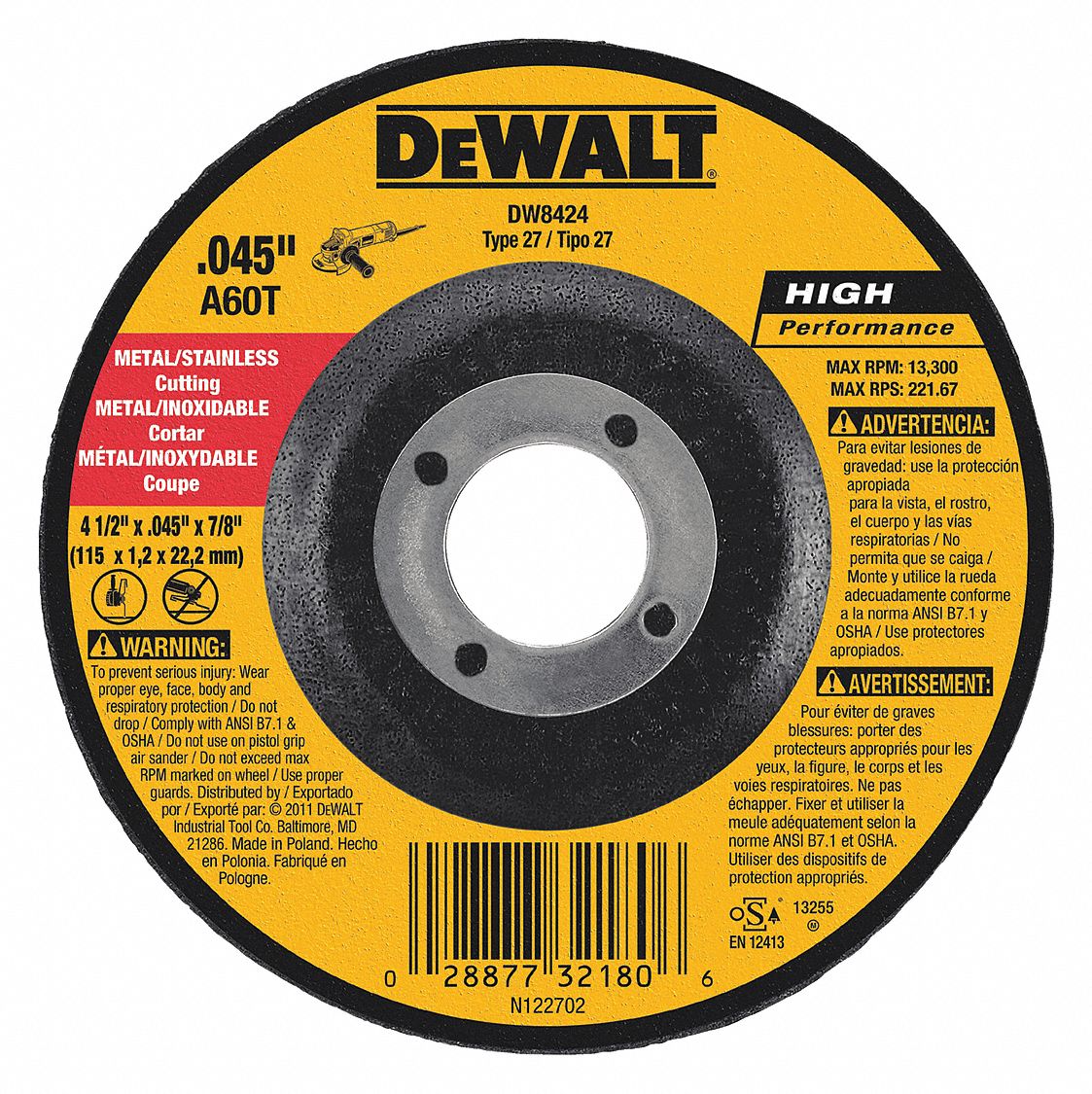 DEWALT Disco de Corte Abrasivo de 4-1/2" Grano 60 para Corte de Metal ...