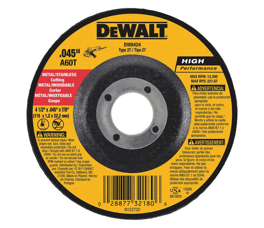 DEWALT Disco de Corte Abrasivo, Óxido de Aluminio, 60, 7/8", Tipo 27, 4 ...