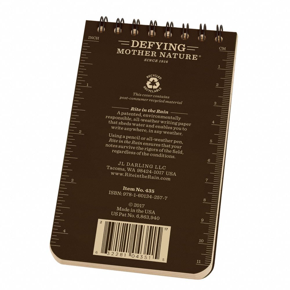 RITE IN THE RAIN Notebook: 3 in x 5 in Sheet Size, Brown, Polydura ...
