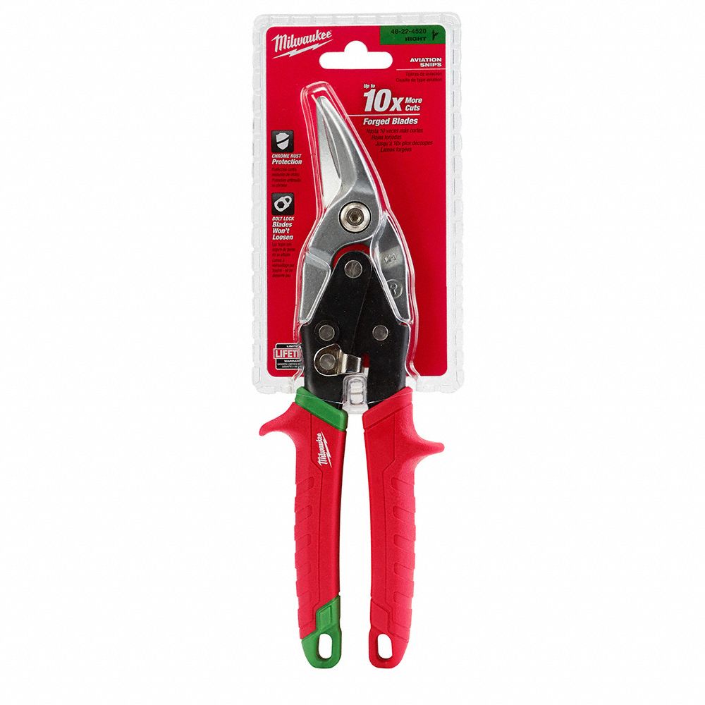MILWAUKEE Aviation Snip: Right/Straight, 10 in Overall Lg, 5 in Cutting ...
