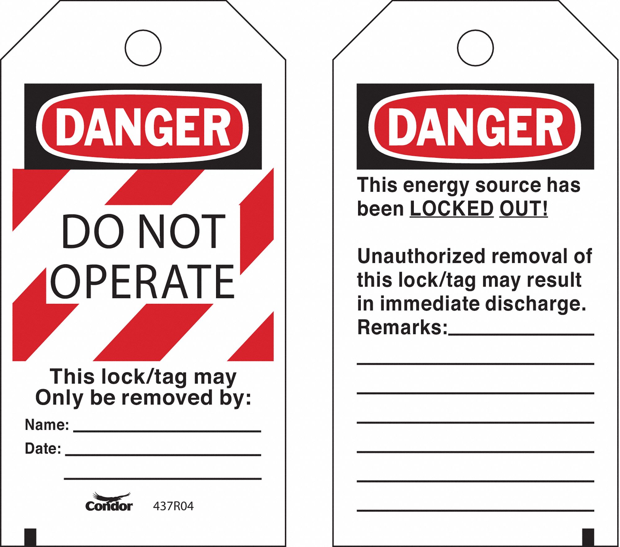 CONDOR, Danger, Danger Do Not Operate, Lockout Tag - 437R04|CNDR-51511 ...