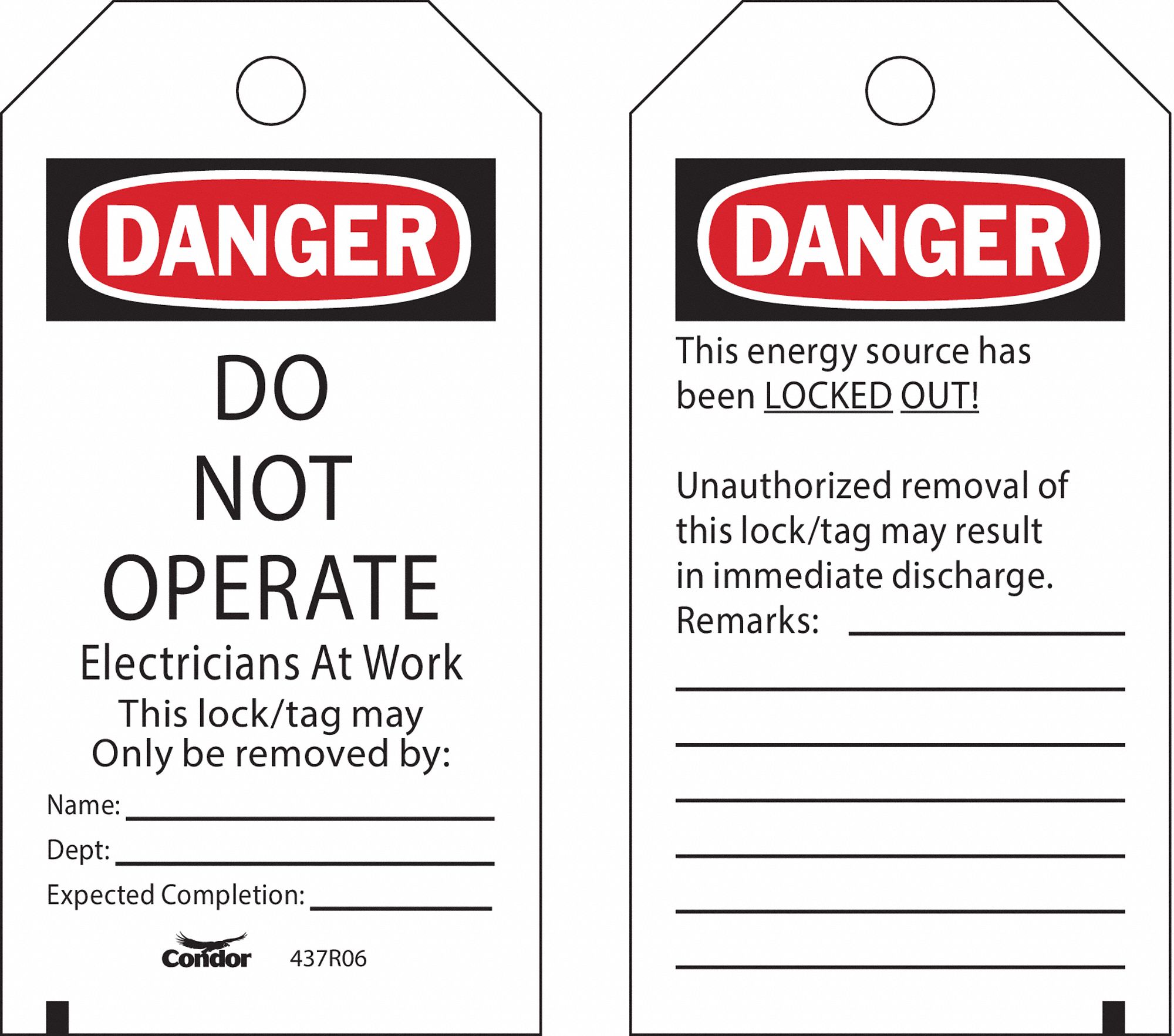 CONDOR, Danger/Peligro, Danger Do Not Operate, Lockout Tag - 437R06 ...